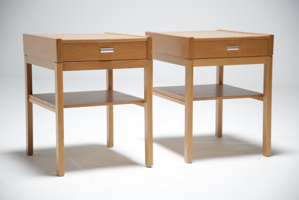Oak bedside tables with chrome handle. | The Vintage Hub