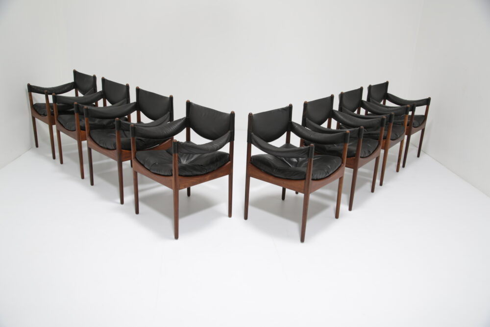 Vintage Set of 8 Rosewood and Black Leather Dining Chairs by Kristian ...